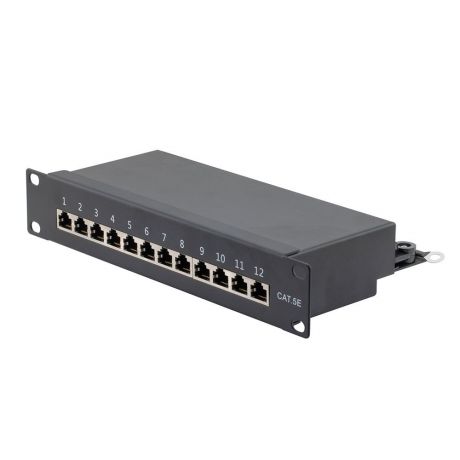 10 inch wide 12-Port CAT5E STP Patch Panel, 1U, Black | ShowMeCables.com