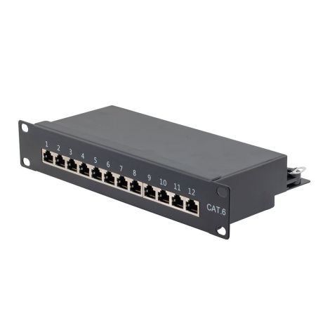 10 inch wide 12-Port CAT6 STP Patch Panel, 1U, Black | ShowMeCables.com