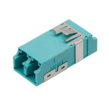 L-com LC/LC Duplex Adapter, Translucent Internal Shutter, Side Spring, No Flange, Aqua Blue ...