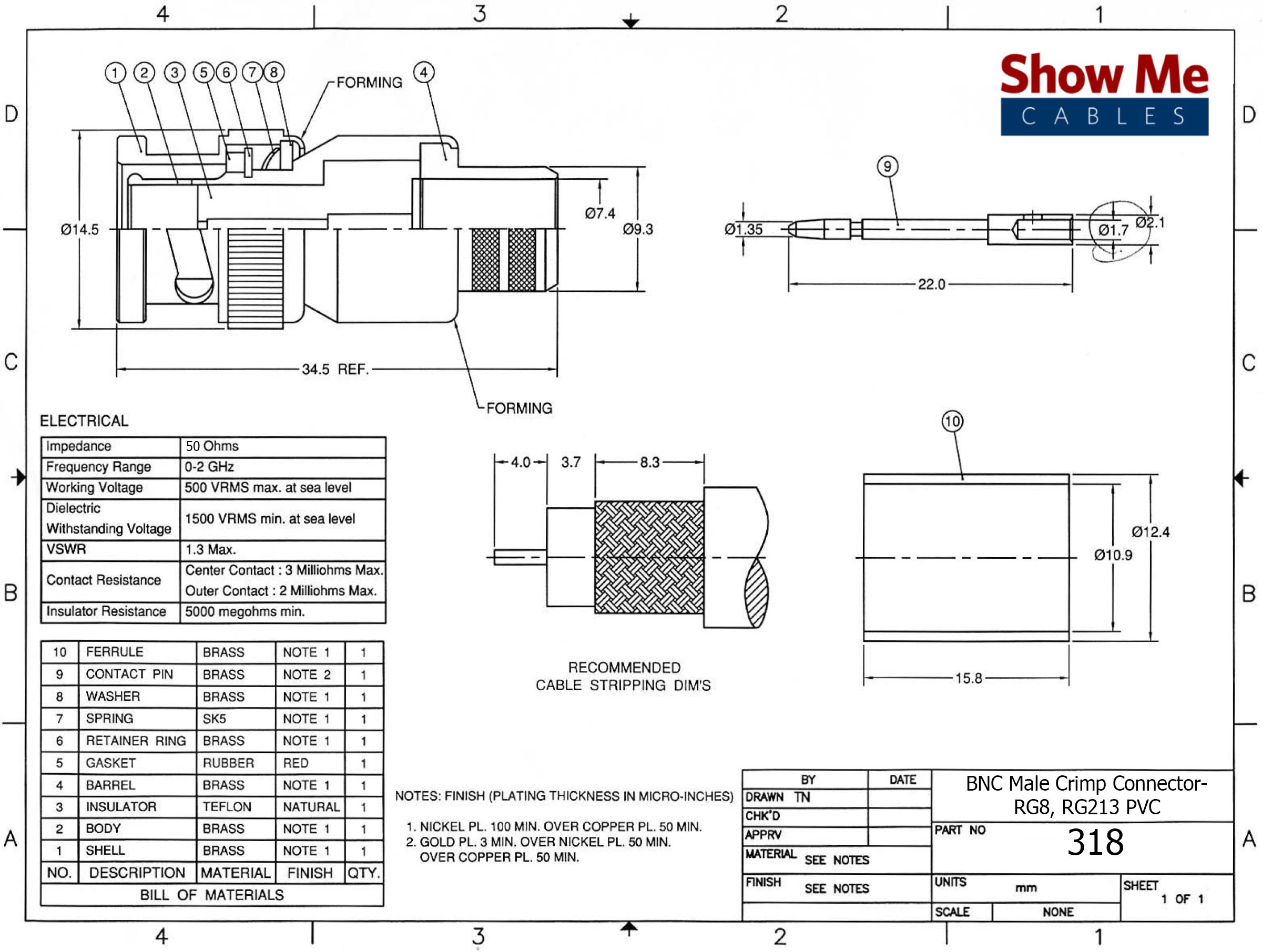 BNC Male Crimp Connector - RG8, RG213 PVC | ShowMeCables.com