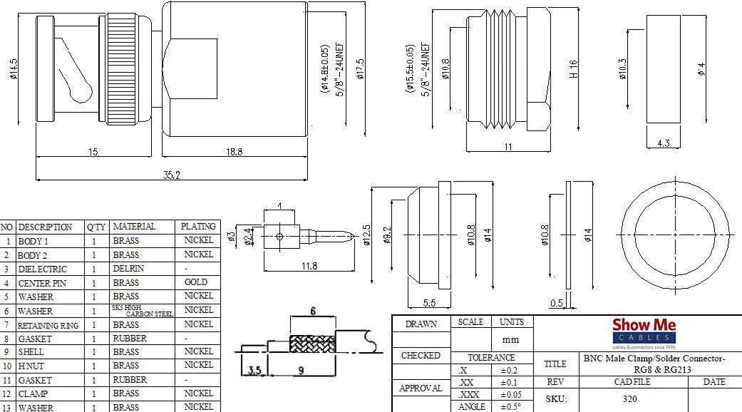 BNC Male Clamp/Solder Connector - RG8 & RG213 | ShowMeCables.com