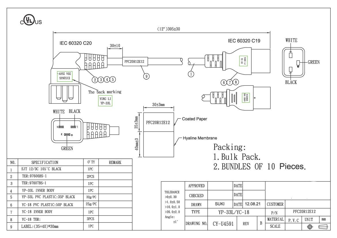 C20 Right Angle to C19 | Server / PDU Power Cord 1 Foot | ShowMeCables.com