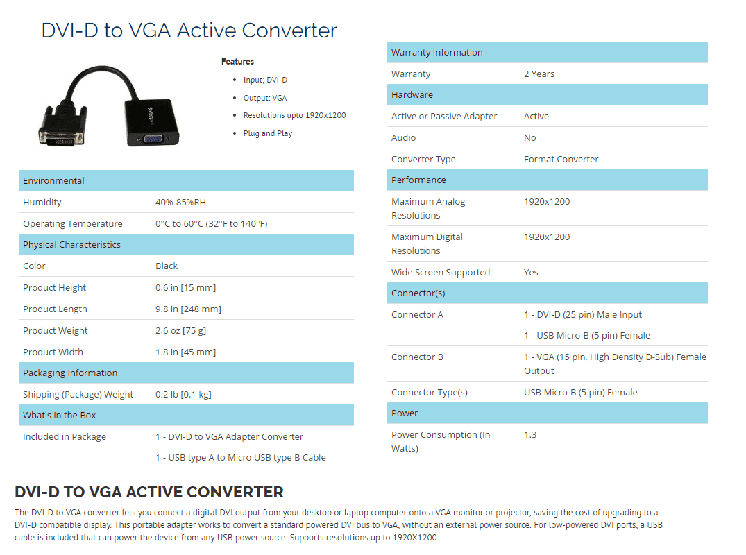 DVI-D to VGA Active Converter | ShowMeCables.com